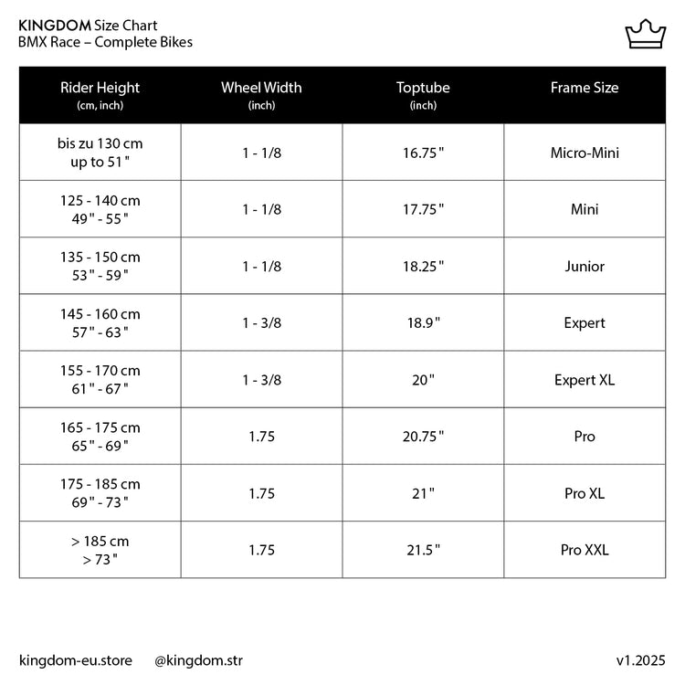 Here you can find a detailed size chart for our BMX Race bikes.
